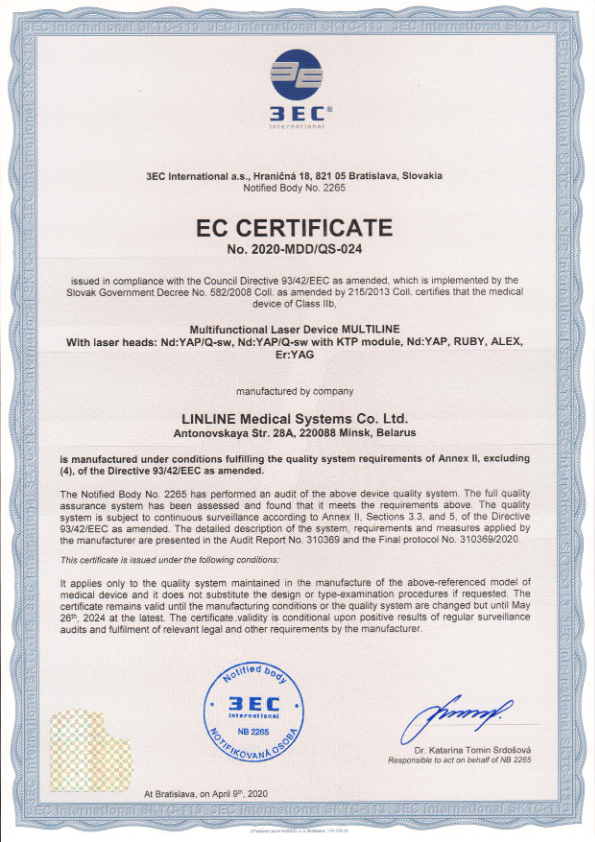MDD EC Certificate with addendum | LINLINE Medical Systems MDD EC Certificate with addendum | LINLINE Medical Systems